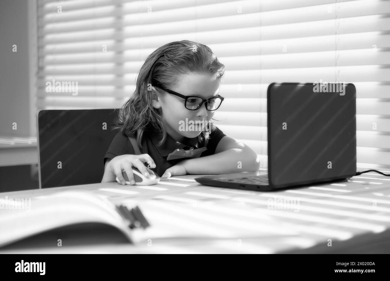 Smart school boy writing homework using notebook computer to study ...