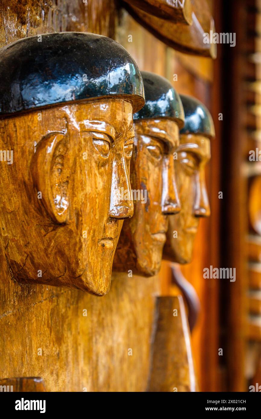 Traditional decorative carvings in Kigwema a Naga village in Nagaland ...