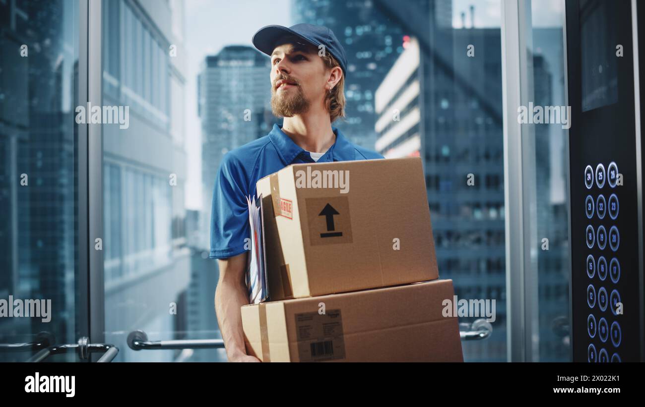 Young Delivery Person Riding Glass Elevator in Modern Office Building ...