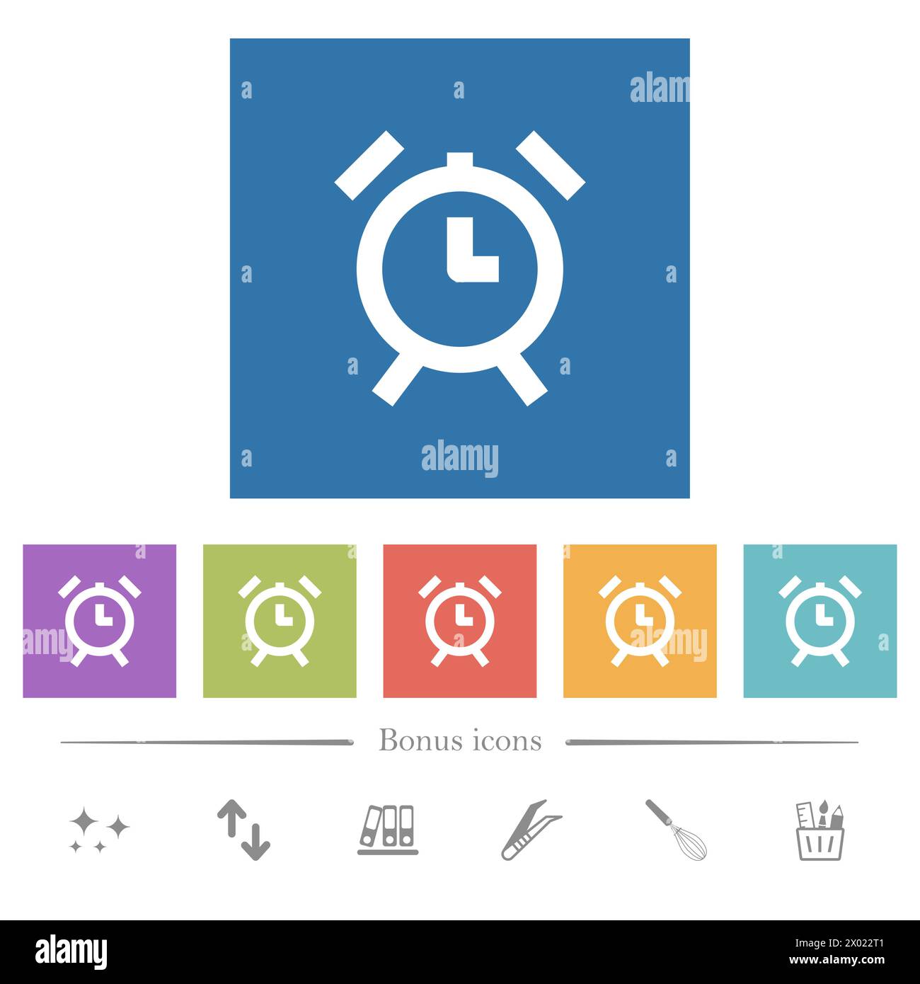 Alarm clock flat white icons in square backgrounds. 6 bonus icons ...