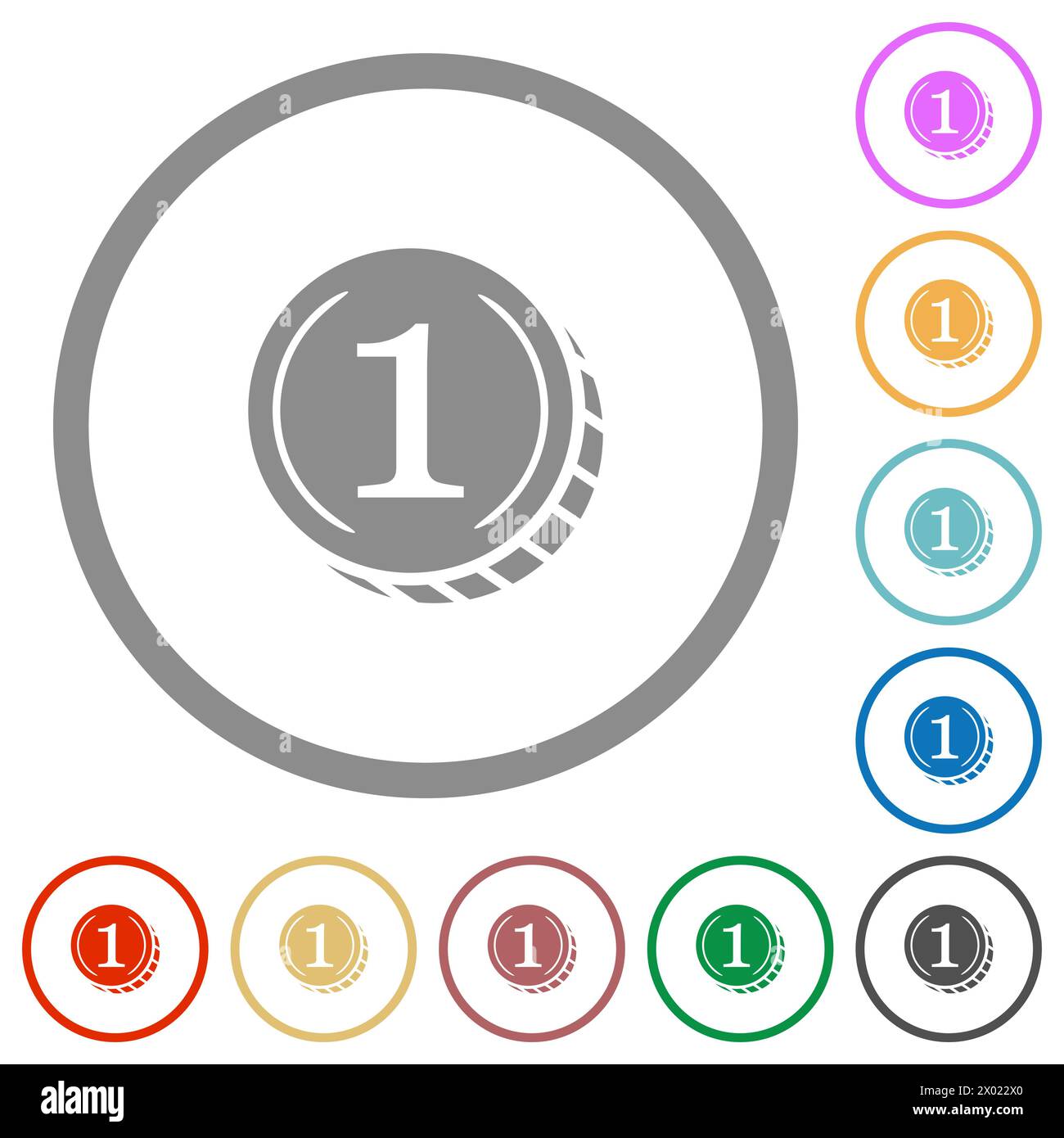Coin with number one flat color icons in round outlines on white ...