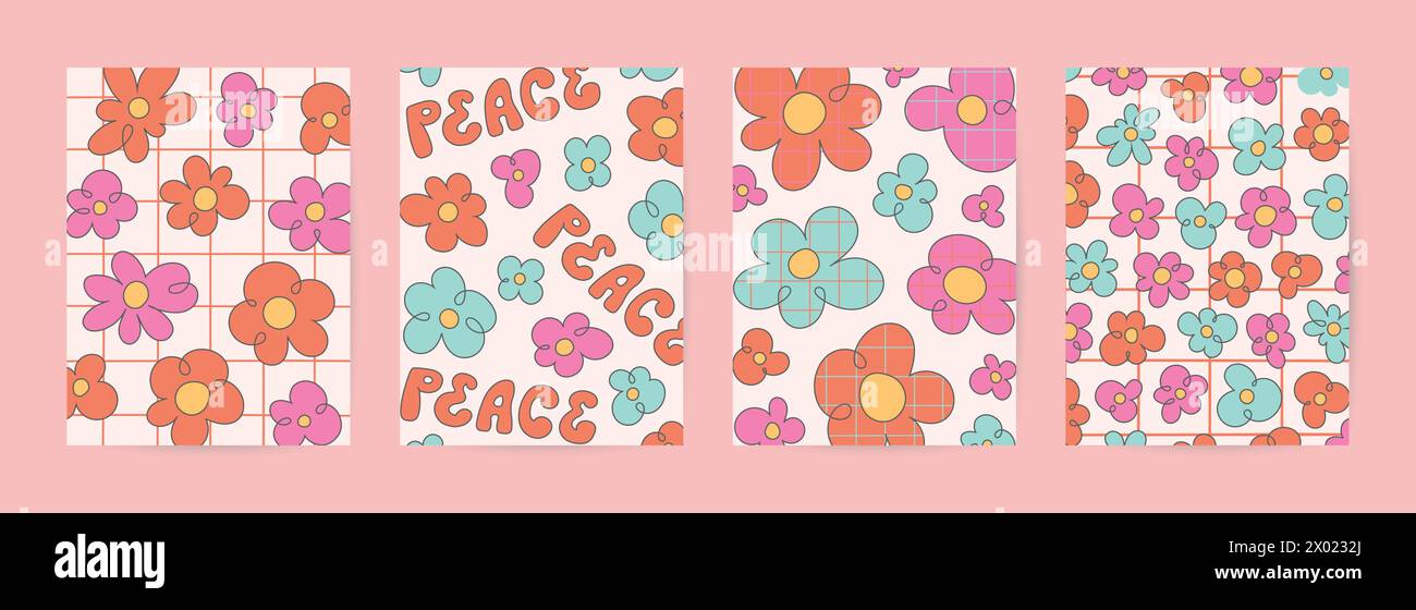 Groovy cartoon hippie bright card templates. Retro poster with ...