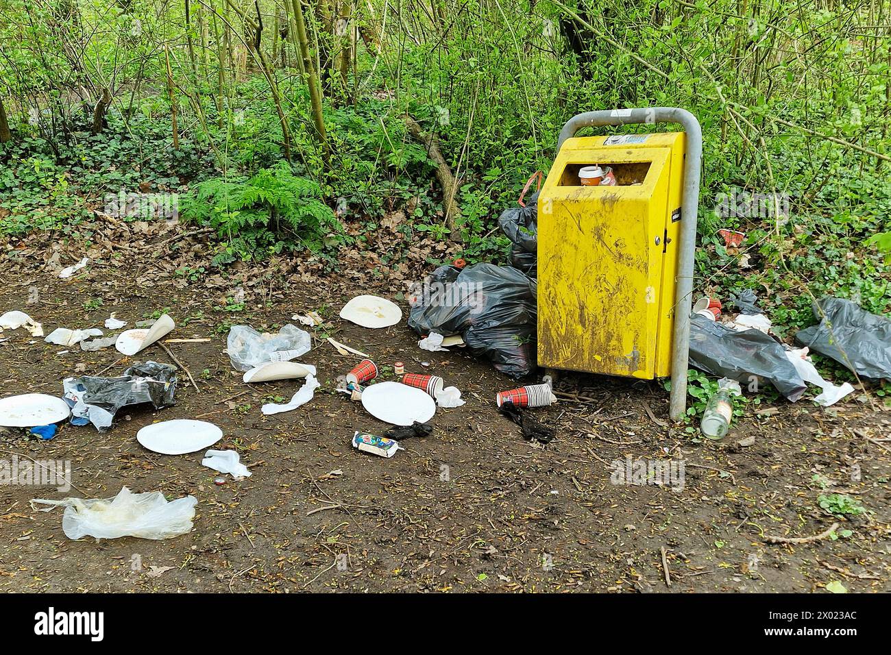 Yellow rubbish bin surrounded by all kind of garbage Stock Photo - Alamy