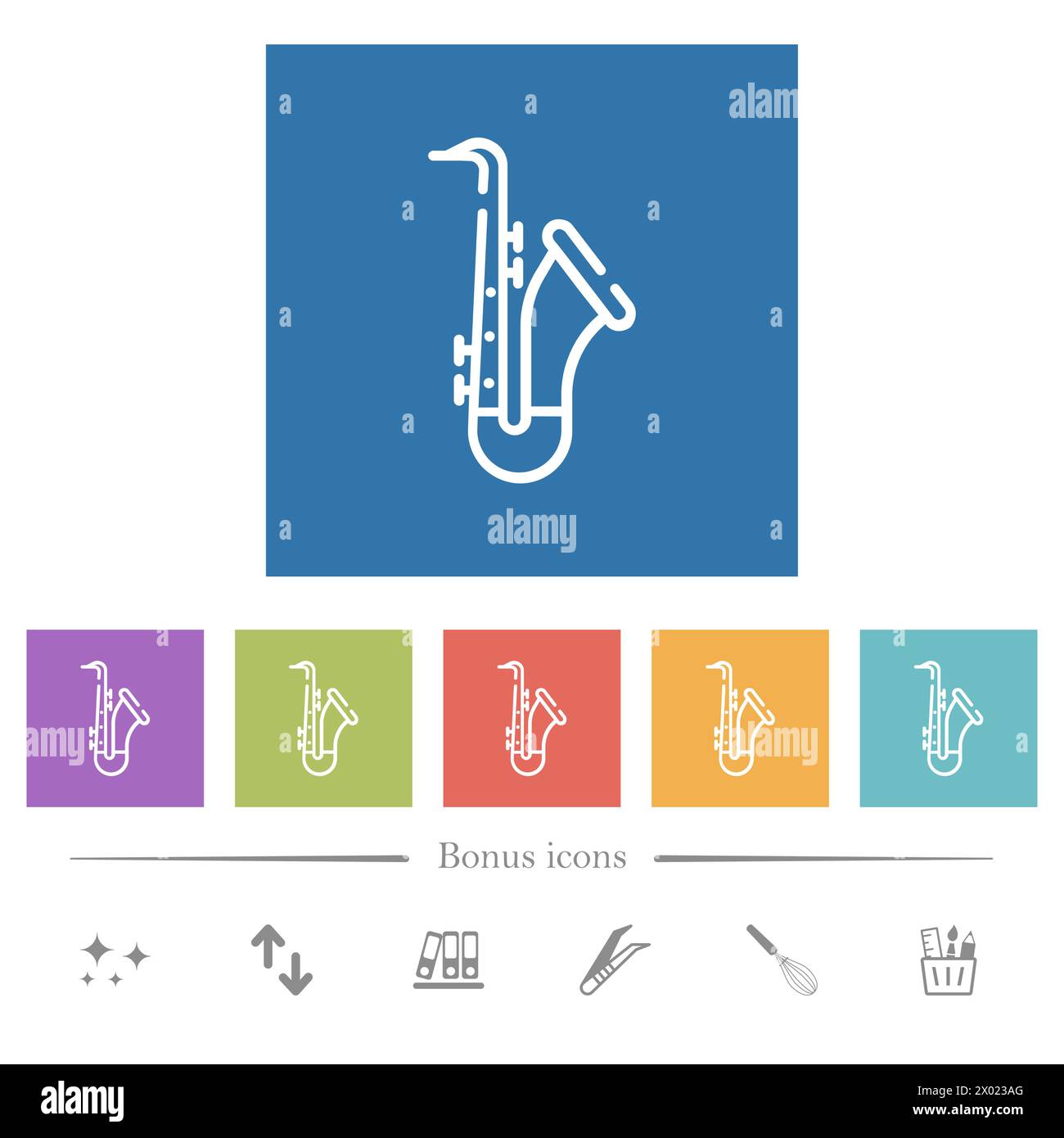 Saxophone outline flat white icons in square backgrounds. 6 bonus icons ...