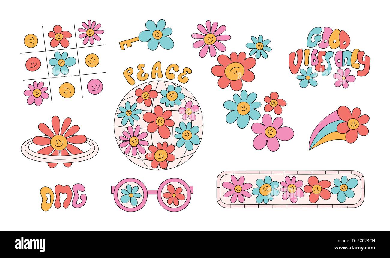 Groovy cartoon hippie illustrations. Hippie 60s, 70s style flowers ...