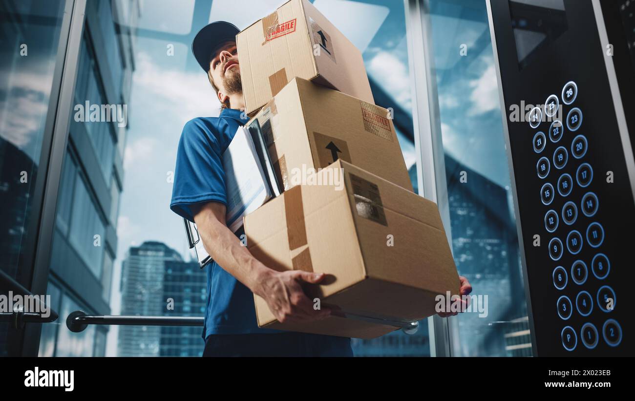 Young Delivery Person Riding Glass Elevator in Modern Office Building ...