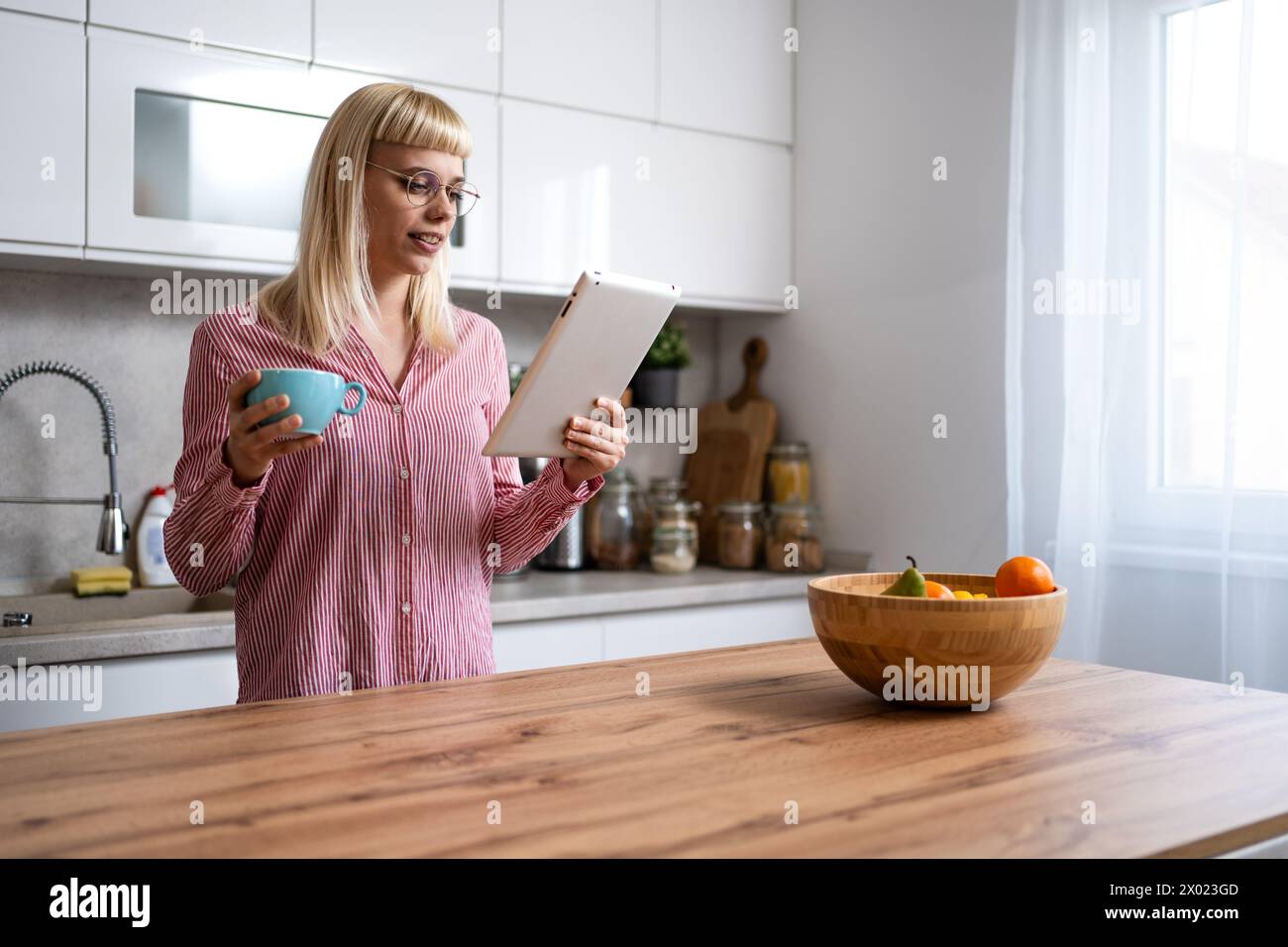 Morning routine. Young freelance businesswoman, designer professional ...