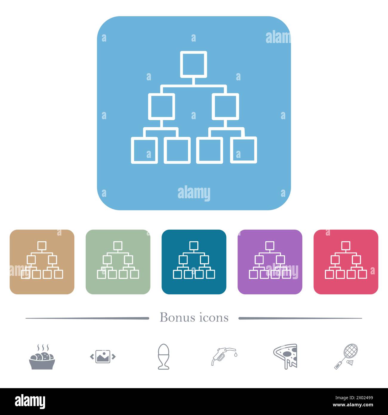 Organizational chart down outline white flat icons on color rounded square backgrounds. 6 bonus ...