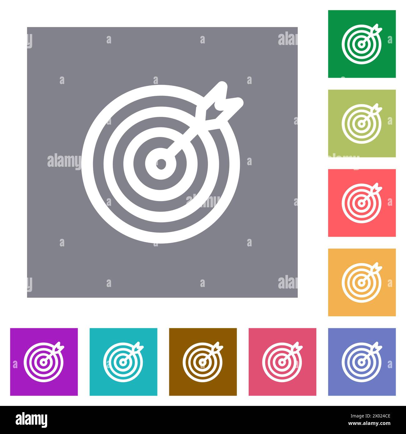 Target and arrow outline flat icons on simple color square backgrounds ...