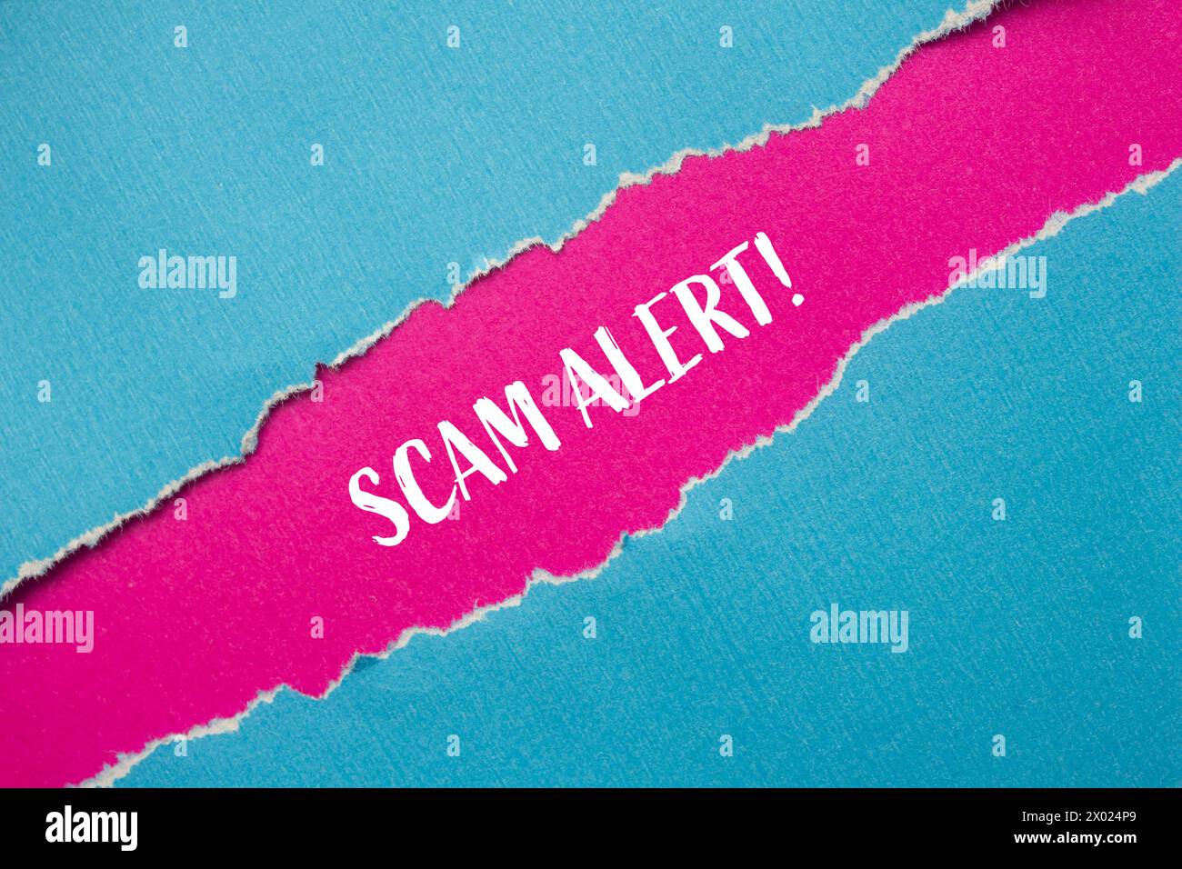 Scam alert words written on ripped blue paper with pink background ...