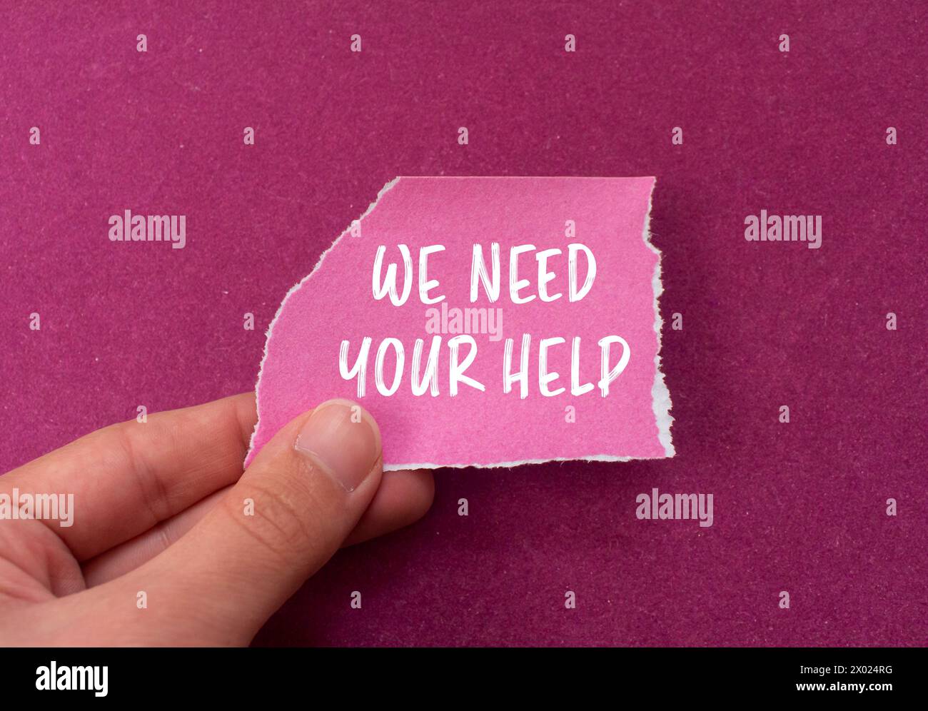 We need your help words written on ripped paper with purple background ...