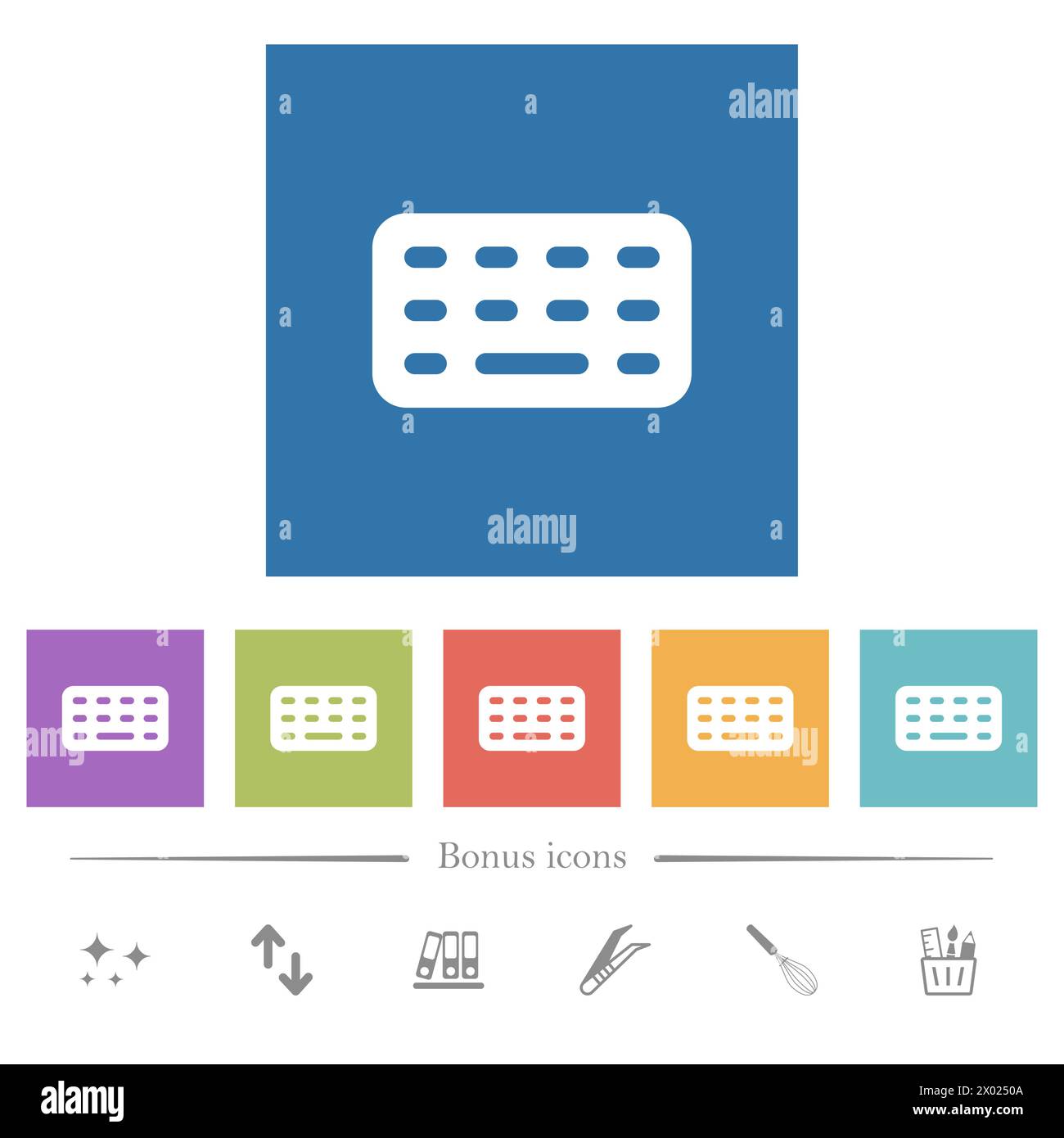 Computer keyboard flat white icons in square backgrounds. 6 bonus icons ...
