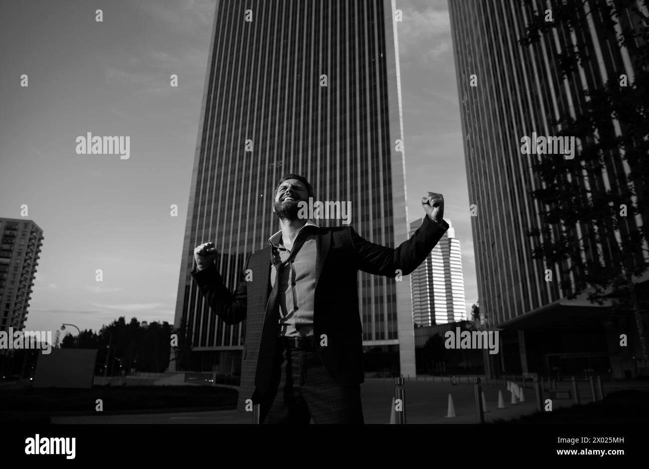 Overworked excited businessman. Hard business at work office outdoor ...