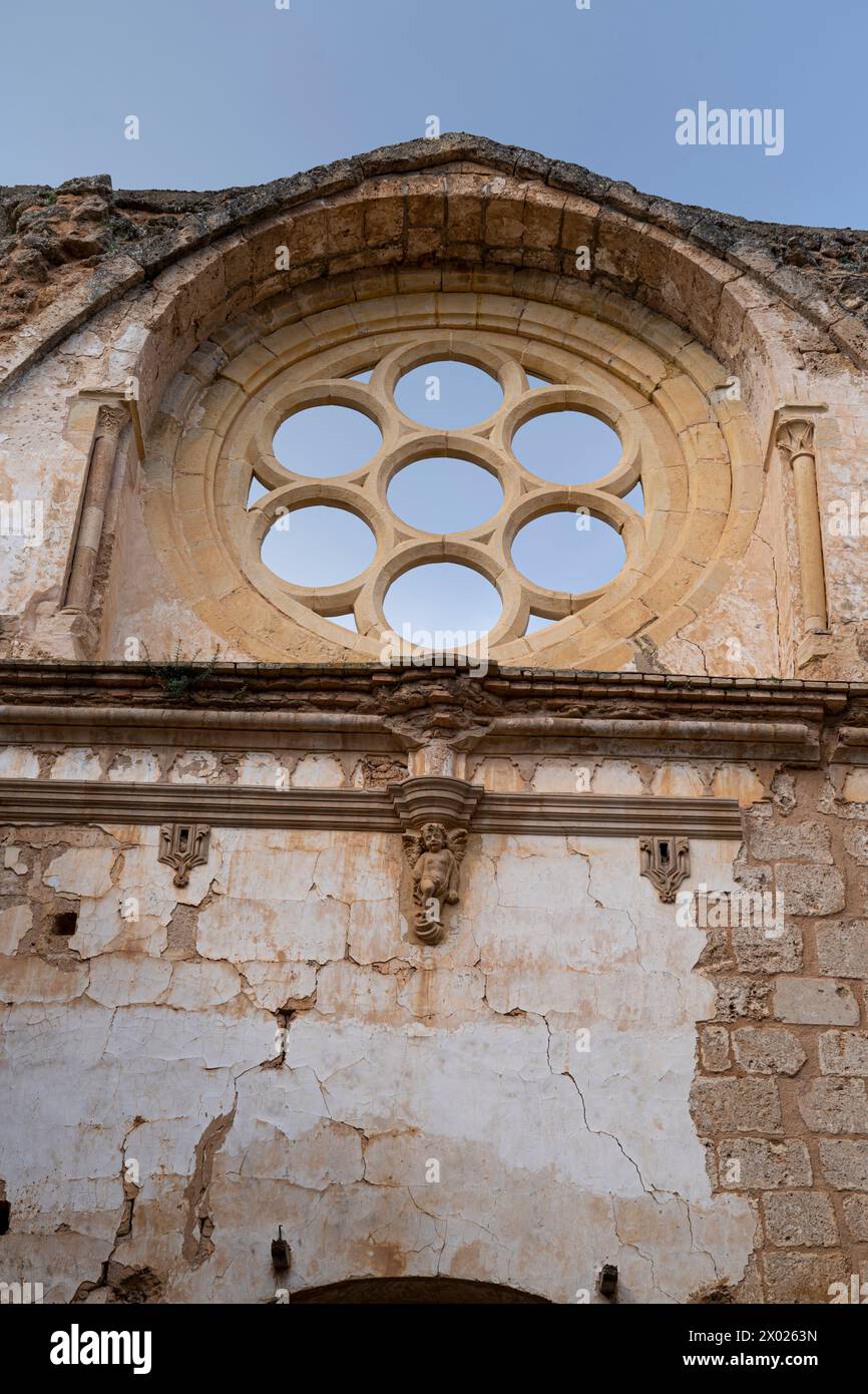 A sky-framed view of the rosette window in the Monasterio de Piedra ...
