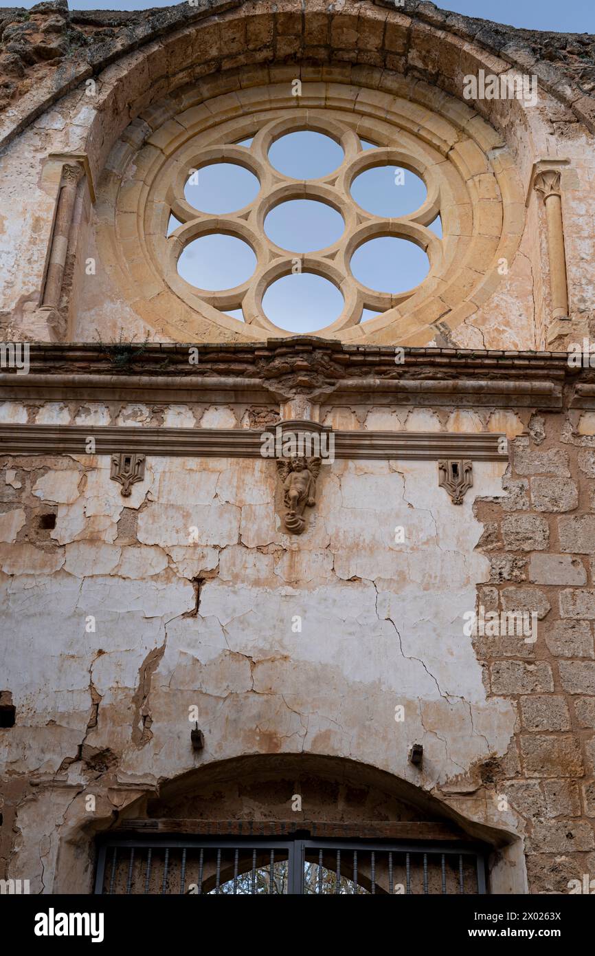 A sky-framed view of the rosette window in the Monasterio de Piedra ...