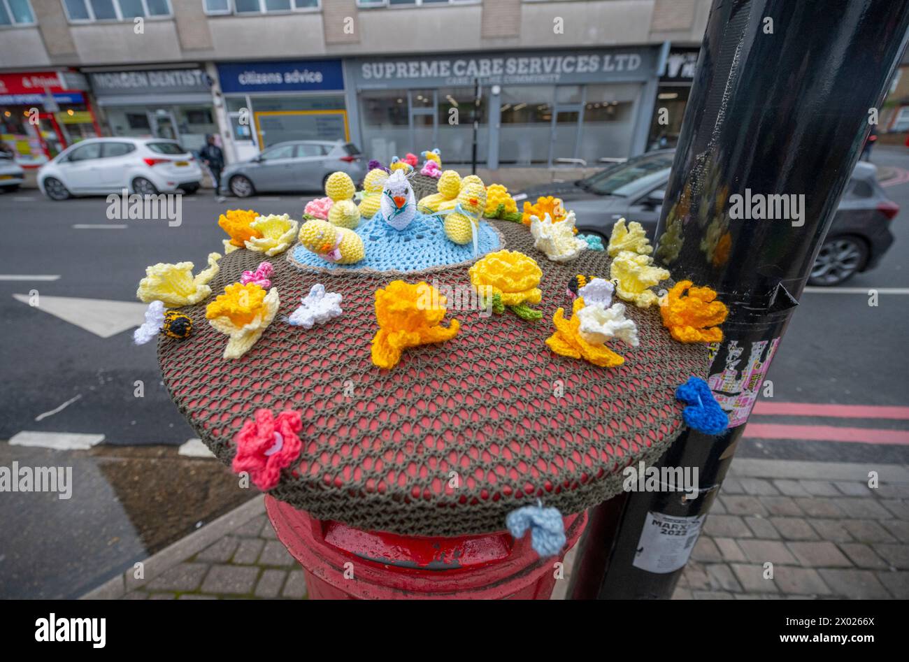 Morden, London, UK. 9th April, 2024. A colourful hand knitted Easter ...