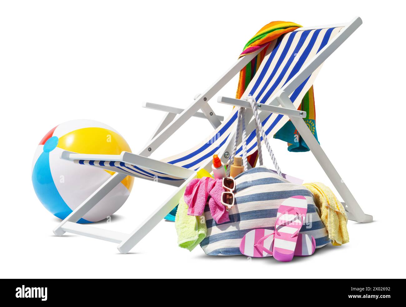 Beach deck chair for sunbathing, isolated on white background, with ...