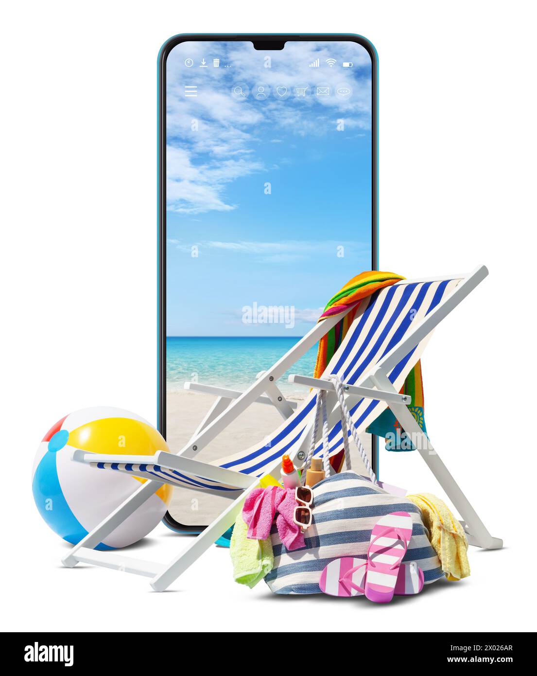 Beach deck chair for sunbathing, isolated on white background with ...