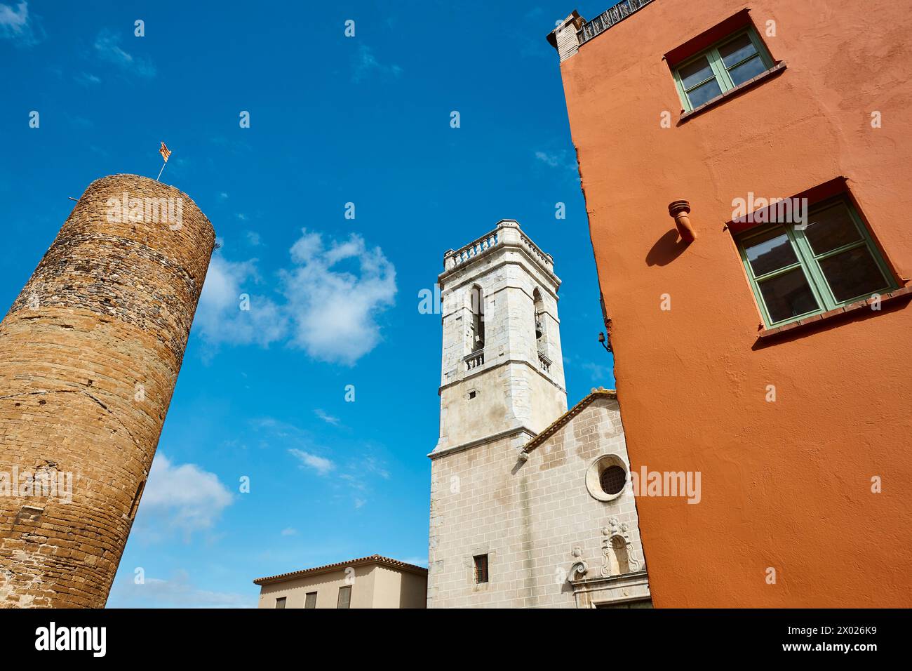 Traditional baix emporda village of Cruilles. Tower and church. Girona ...