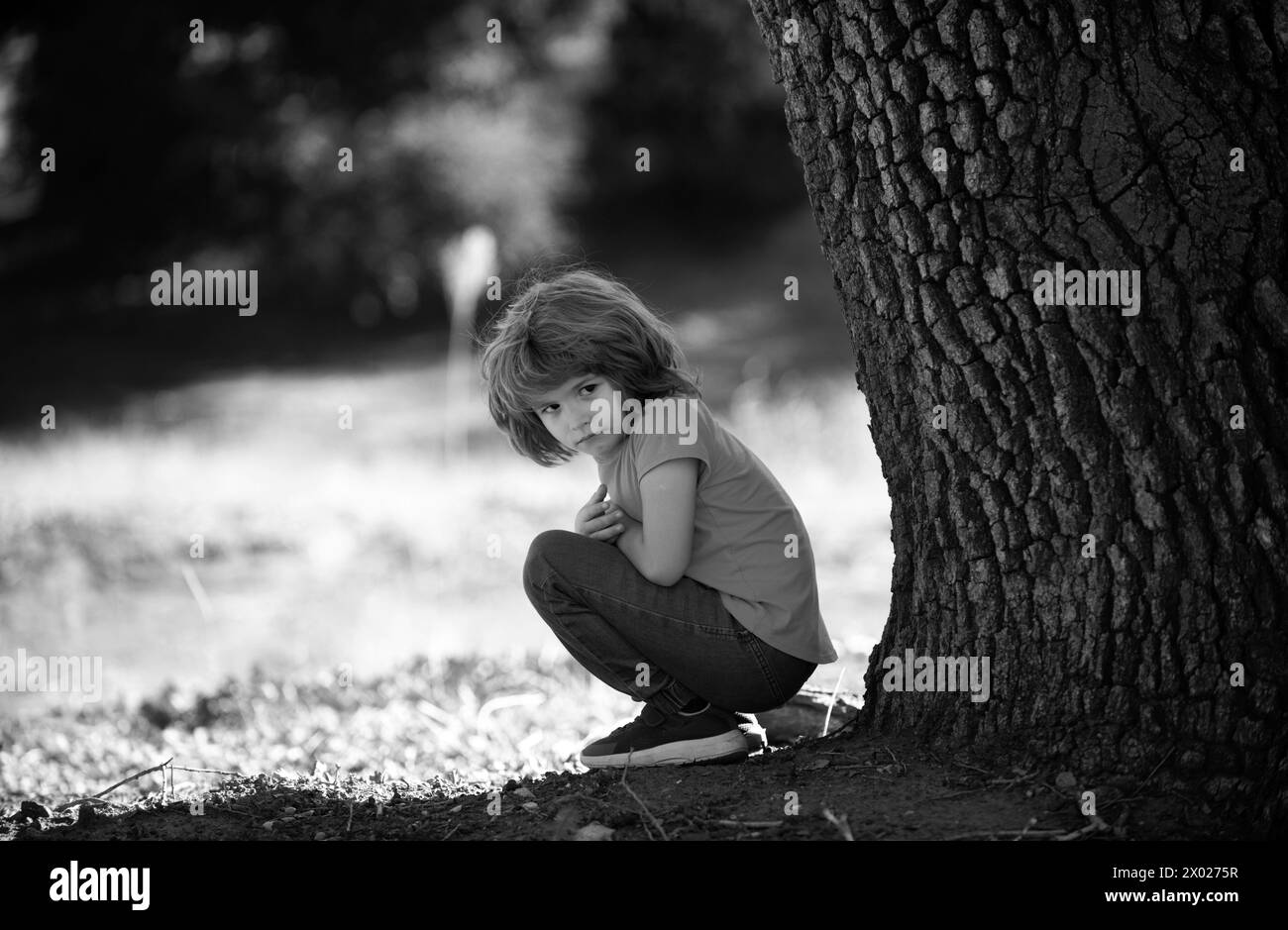 Loneliness kid outdoor. Children negative emotions, nervous breakdown ...