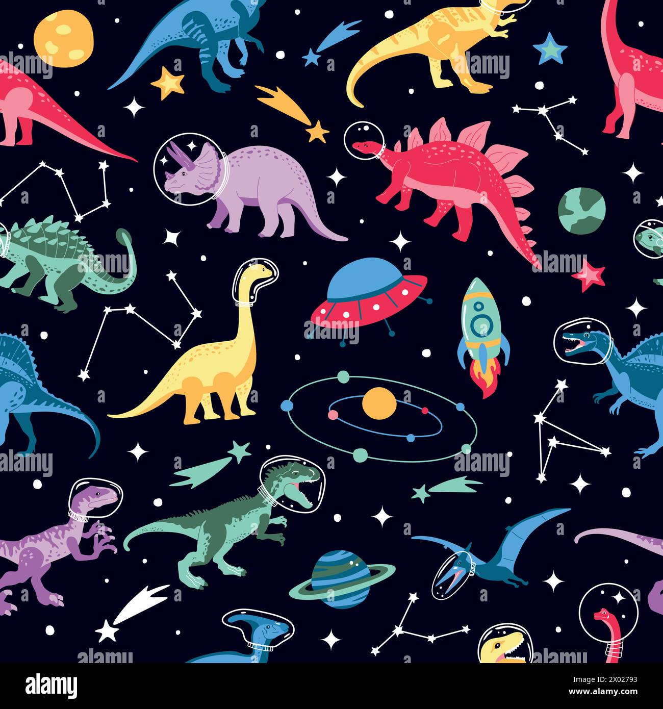 Astronaut dinosaur character design. Cute space seamless pattern ...