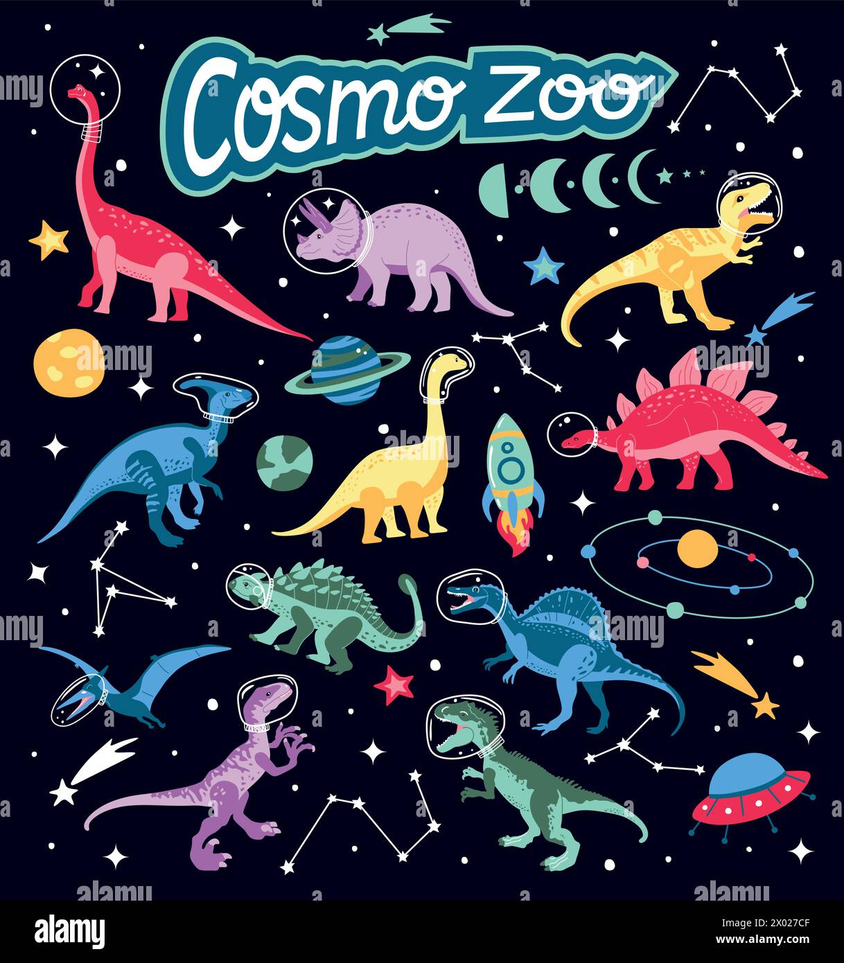 Astronaut dinosaur character set design. Cute space illustration ...