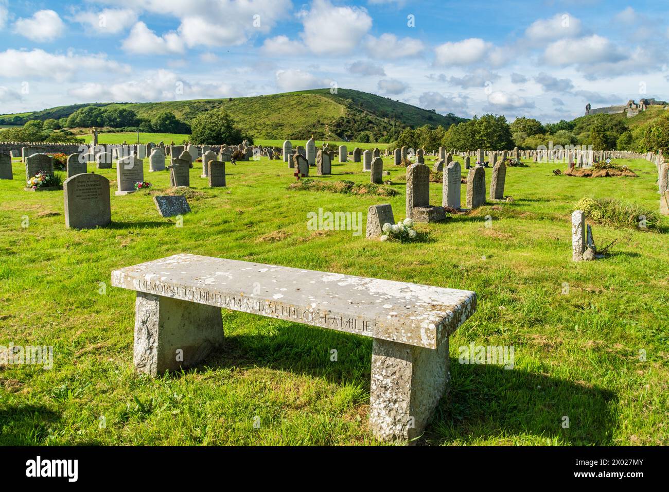 Corfe Castle, UK - September 14th 2023: A stone seat in front of ...