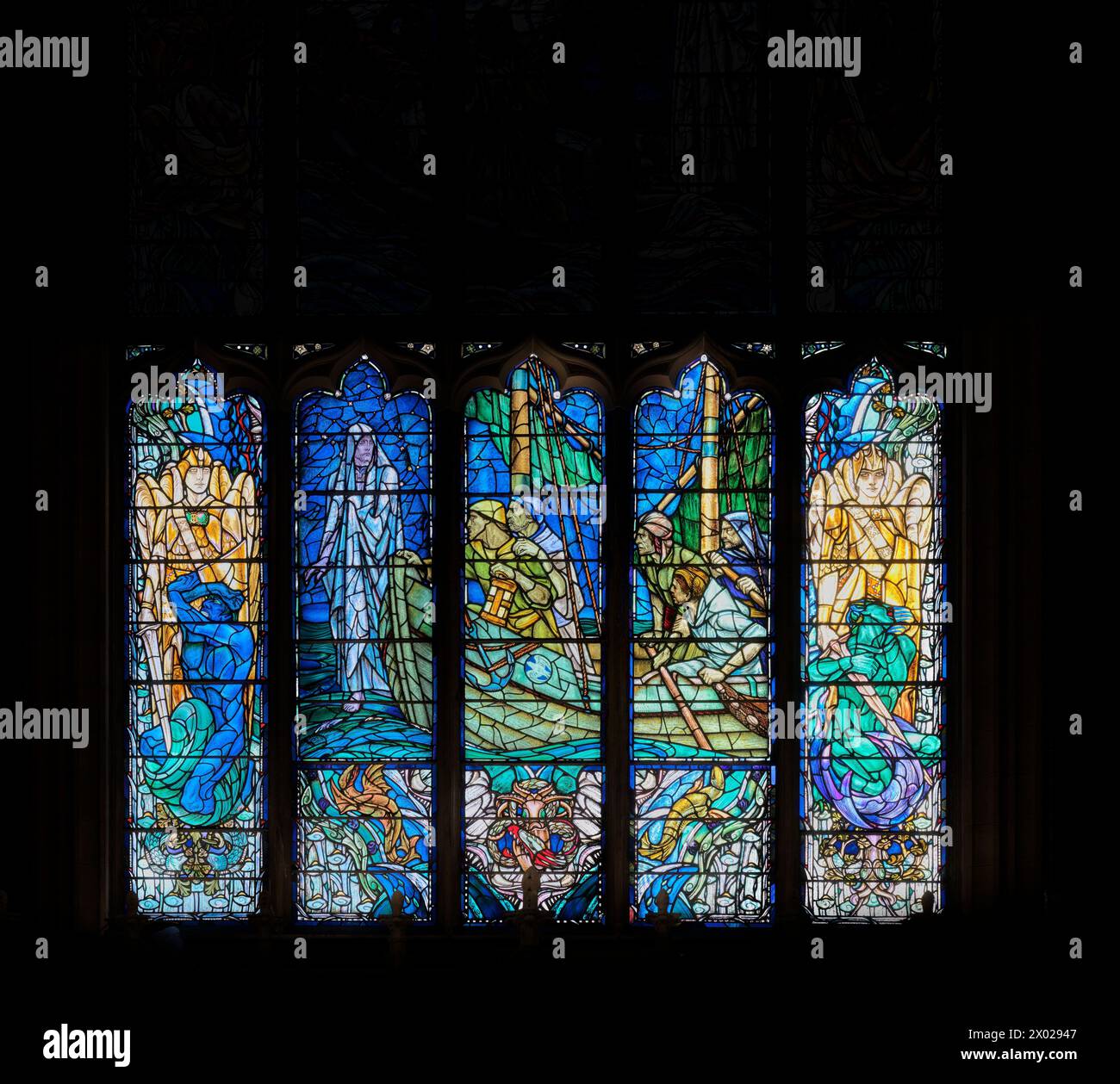 Jesus Christ walks across lake Galilee to where his disciples, in their ...