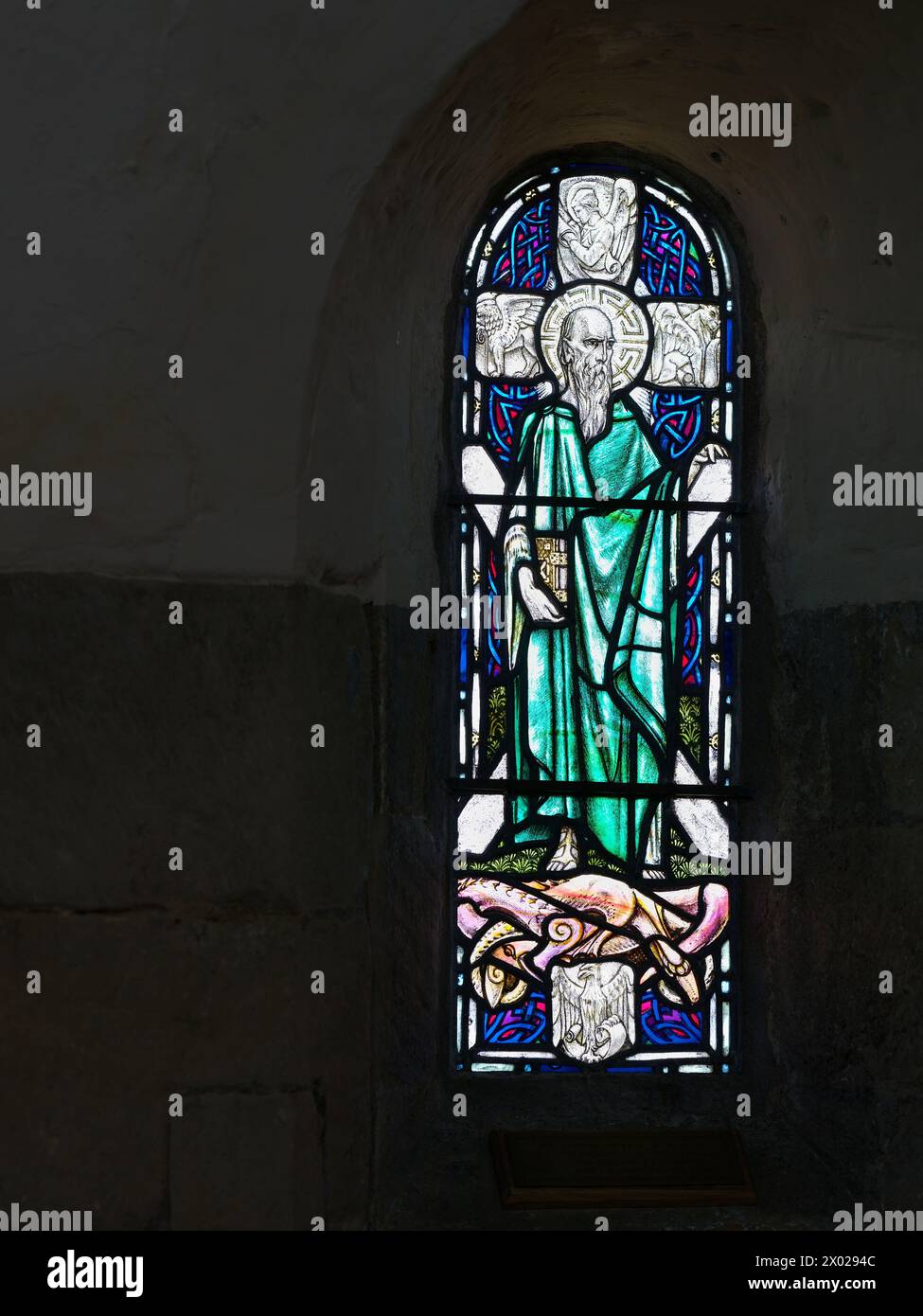 St Andrew, patron saint of Scotland, illustrated stained glass window ...
