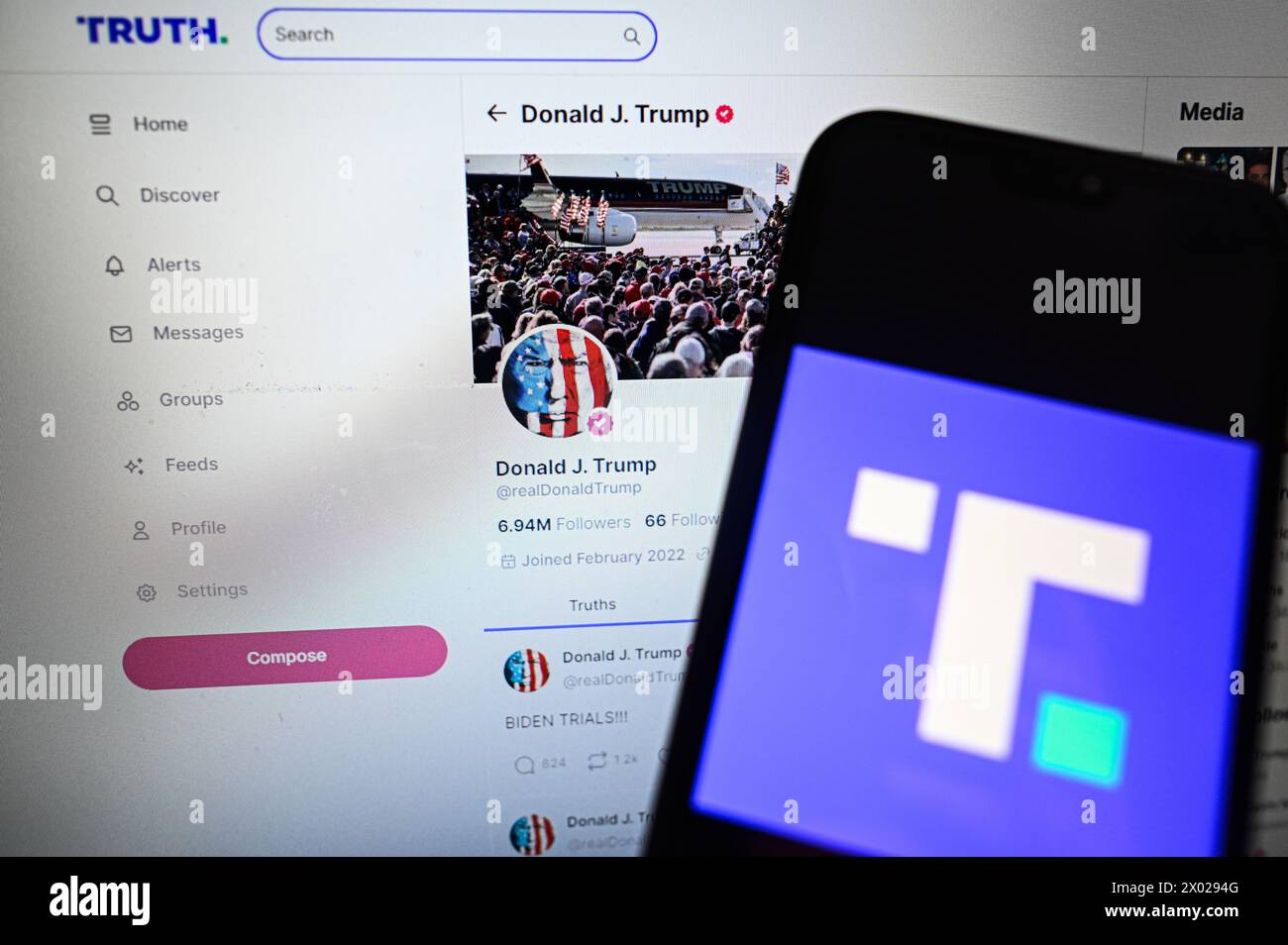 In this photo illustration, a Truth Social logo is displayed on a ...