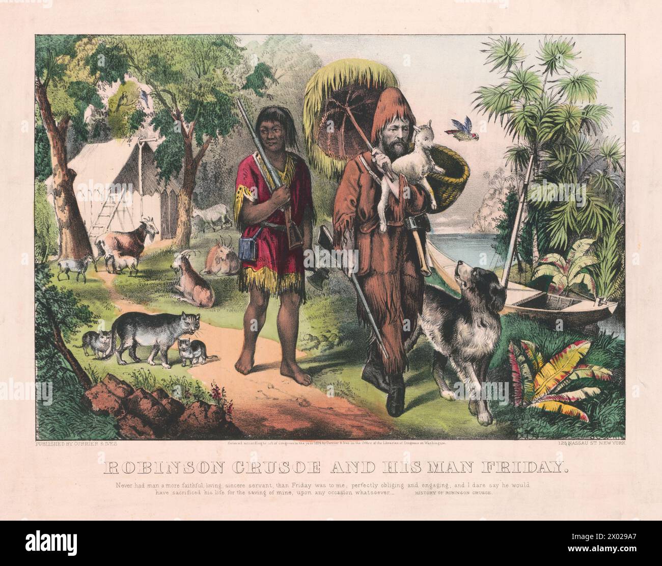 Vintage lithograph: Robinson Crusoe and his man Friday. Currier & Ives ...