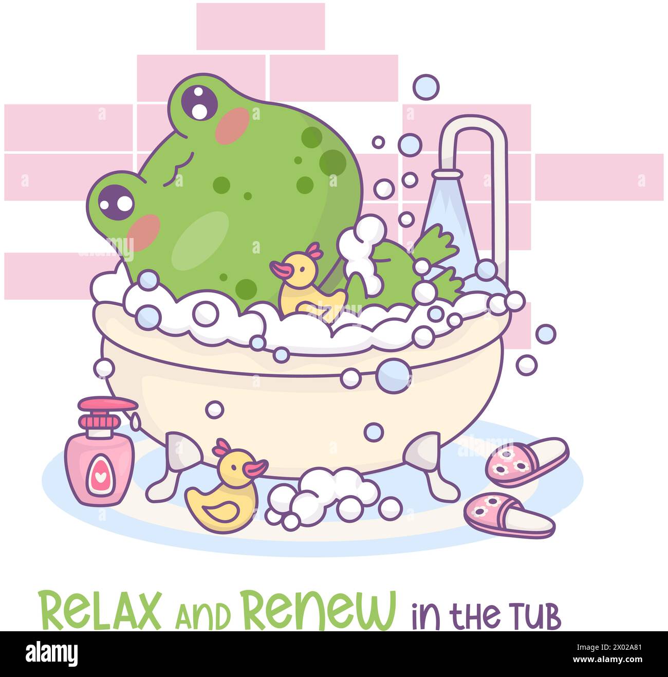 Funny relaxed frog bathes in bath with foam and rubber duck toy. Cute ...