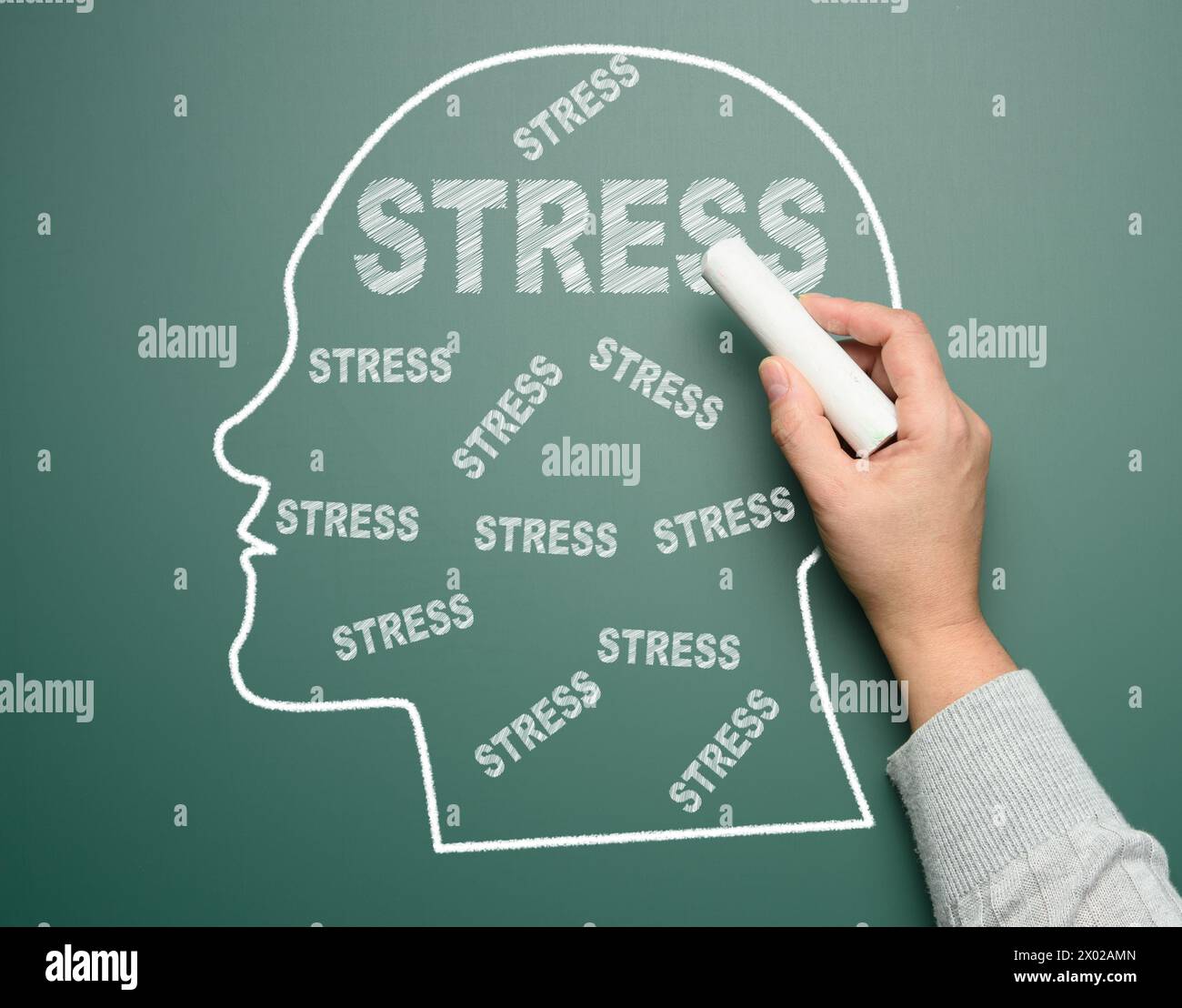 Chalk-drawn silhouette of a human head, a hand writing the word stress ...