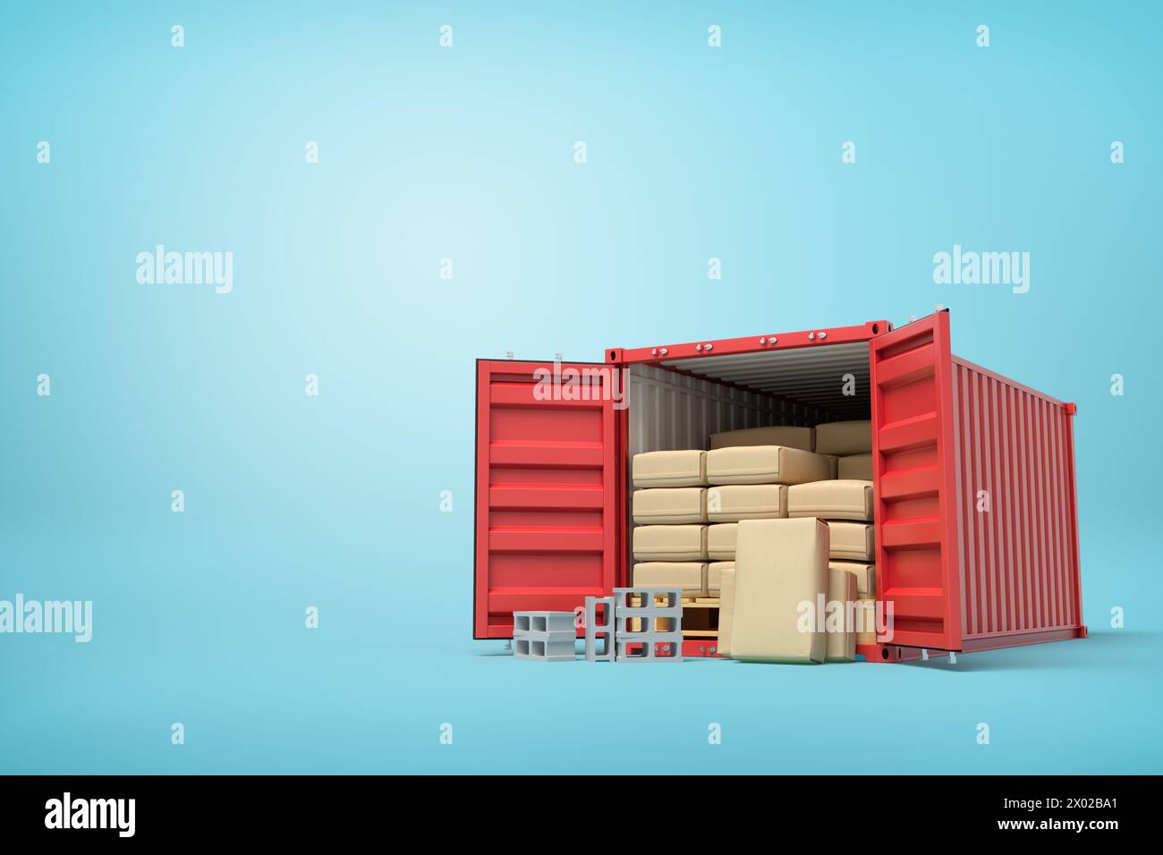3d rendering of red shipping container filled with packs and bricks on ...