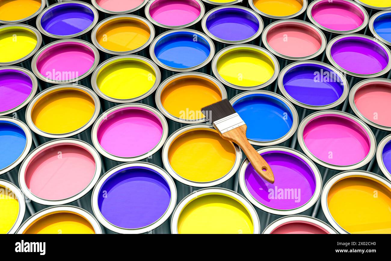 Top view of colorful paint cans in a pattern with a brush on top, 3d ...