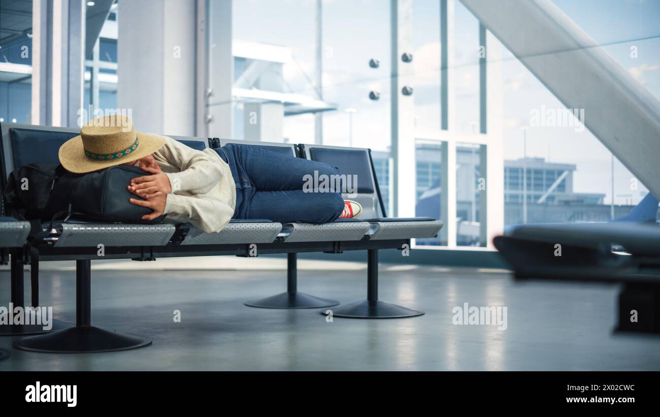 Airport Terminal: Beautiful Black Woman Lying Down for a Rest and Sleep while Waiting for ...