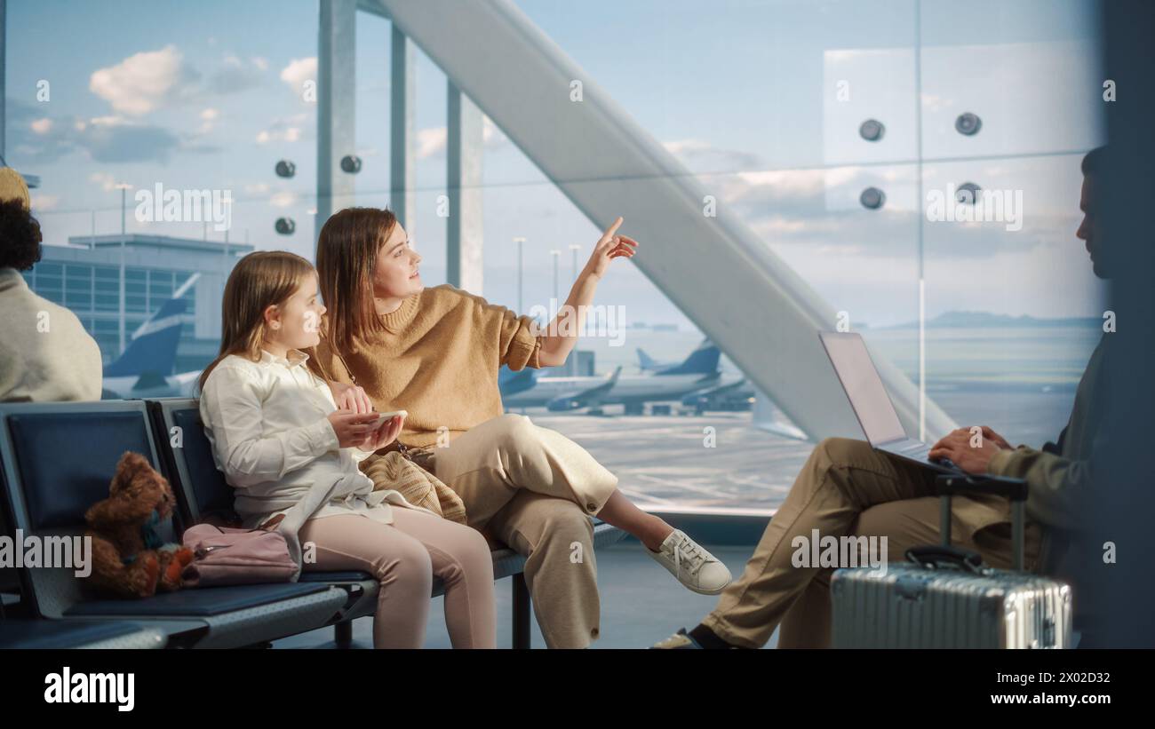 Busy Airport Airplane Terminal: Happy Beautiful Mother and Cute Little ...