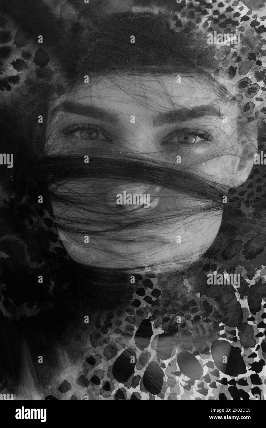 A paintography portrait of a young woman with a strand of hair across ...