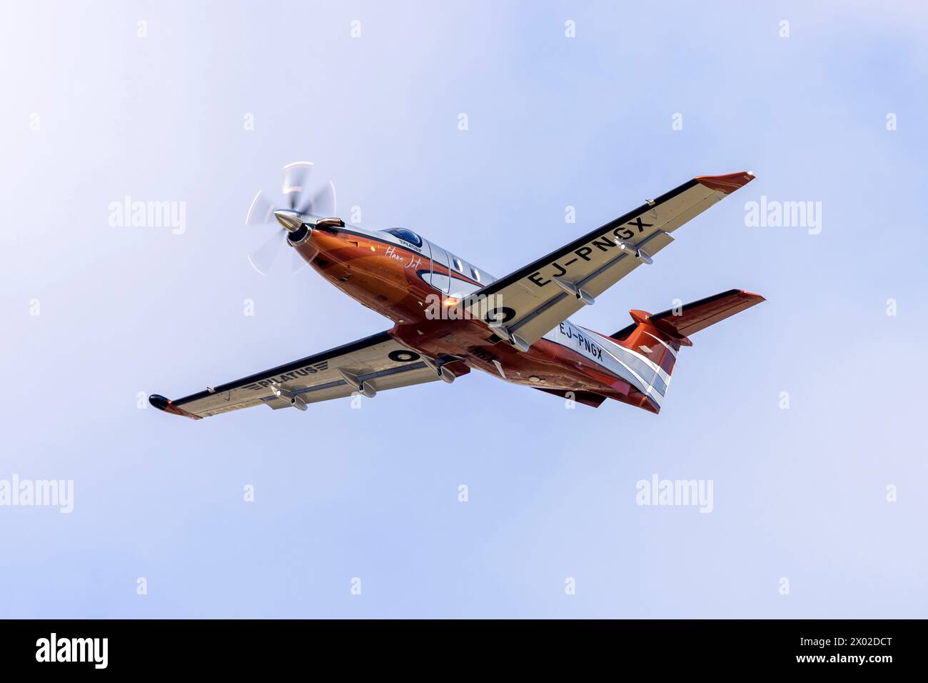 Hans Jet Pilatus PC-12 NGX (REG: EJ-PNGX) on the climb from runway 13 ...