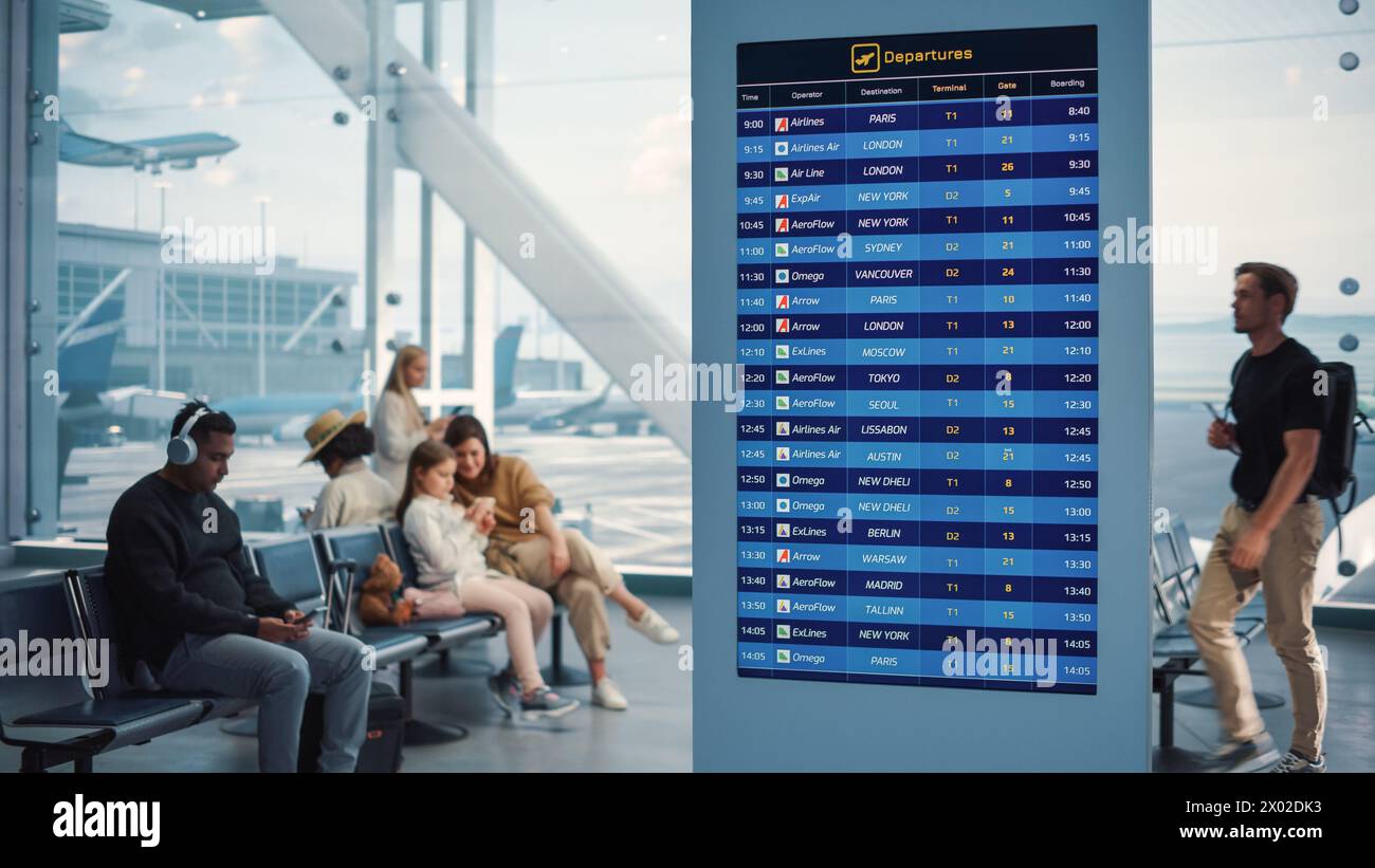 Airport Terminal: Young Man Looking at Arrival and Departure ...