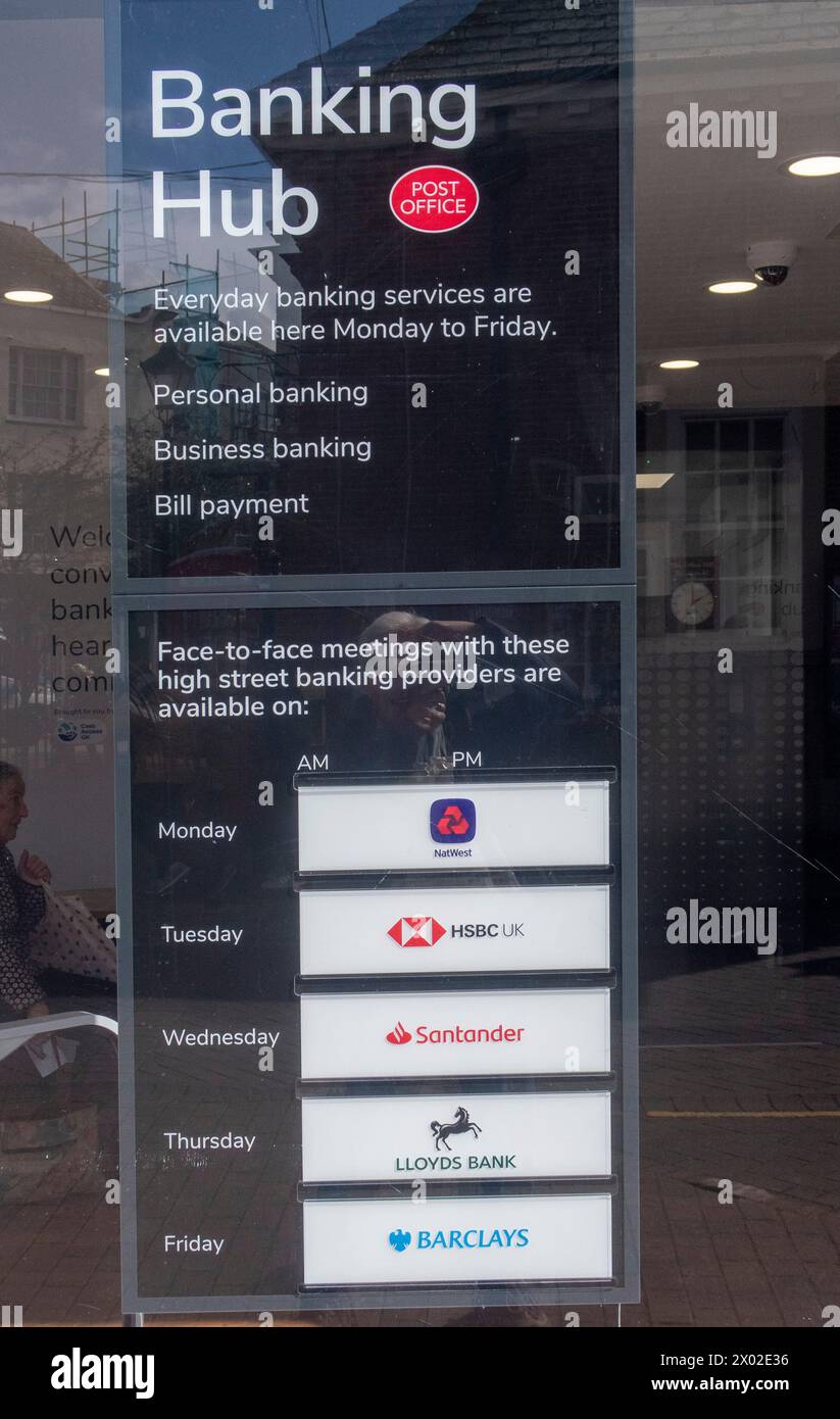 Notice in the window of a new banking hub in Sidmouth, Devon showing ...