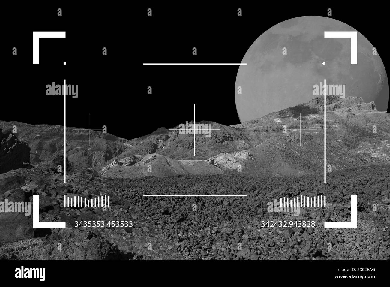 Asteroid landscape with big planet on black sky through viewfinder ...