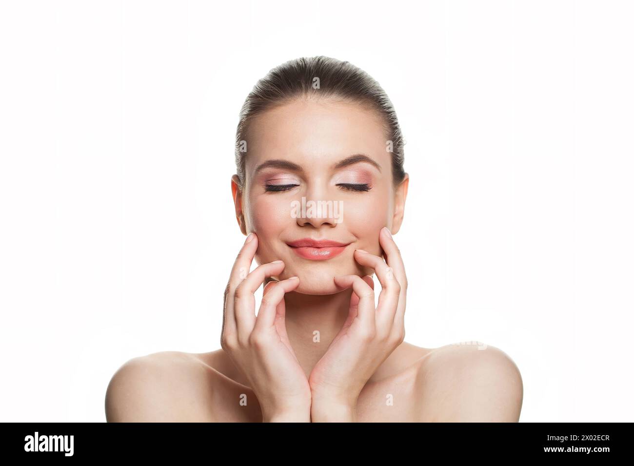 Isolated healthy female model with clean skin, make-up and perfect ...