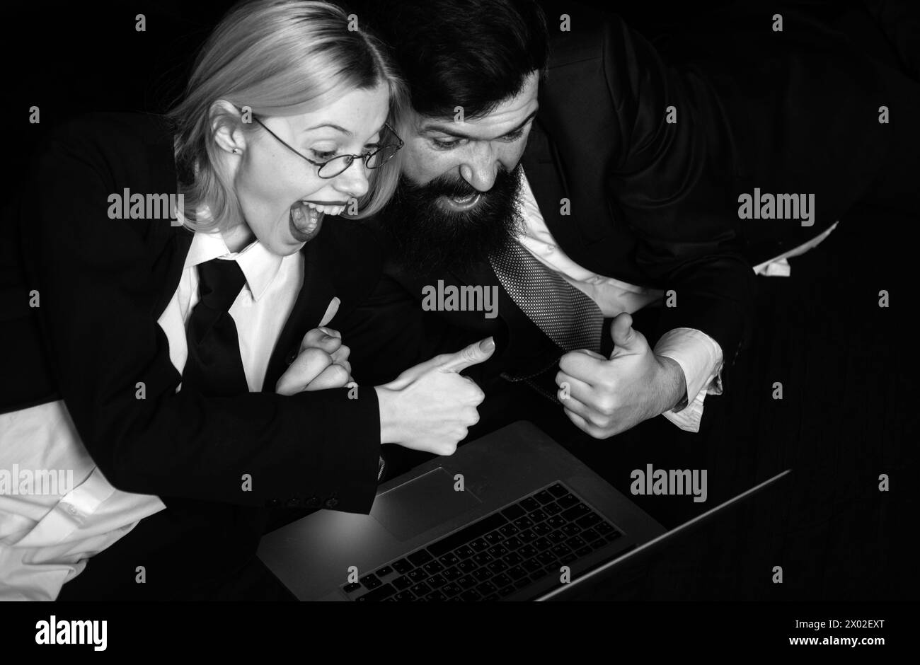 Happy experienced freelancers excited with internet connection on ...