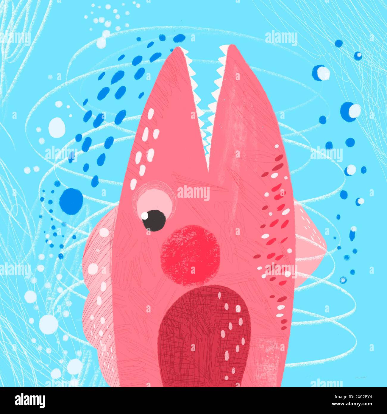 Poster of a crazy fish character in a cartoon style on a bright blue ...
