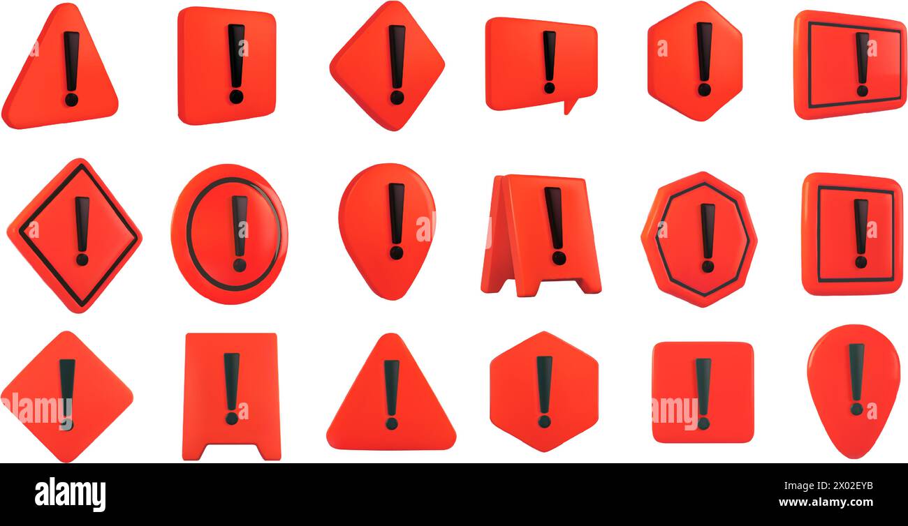 Red 3D warning signs. Hazard danger symbols with exclamation marks ...