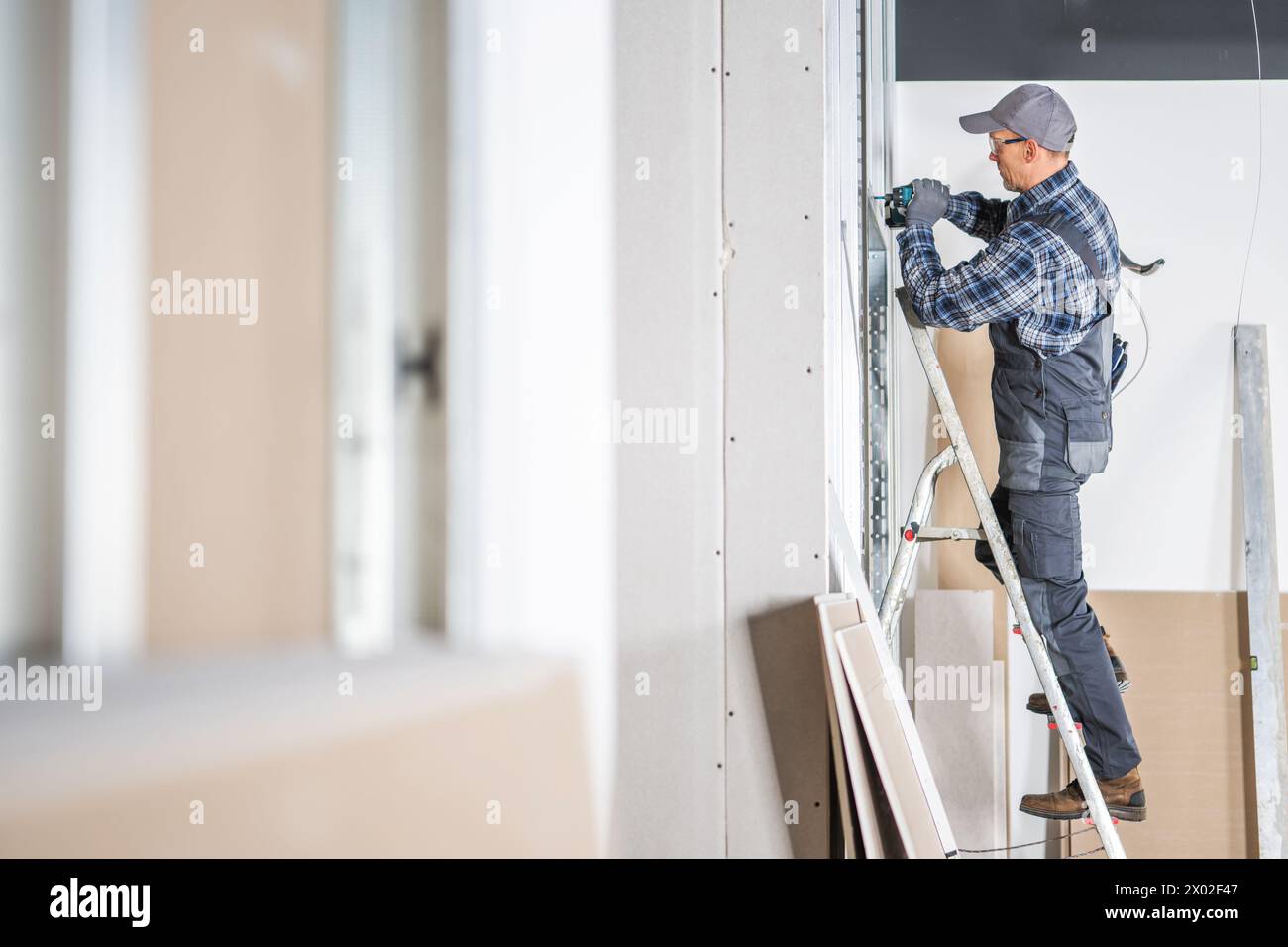 Pro Construction Site Contractor Worker Building Drywall Walls. Interior Finishing Stock Photo ...