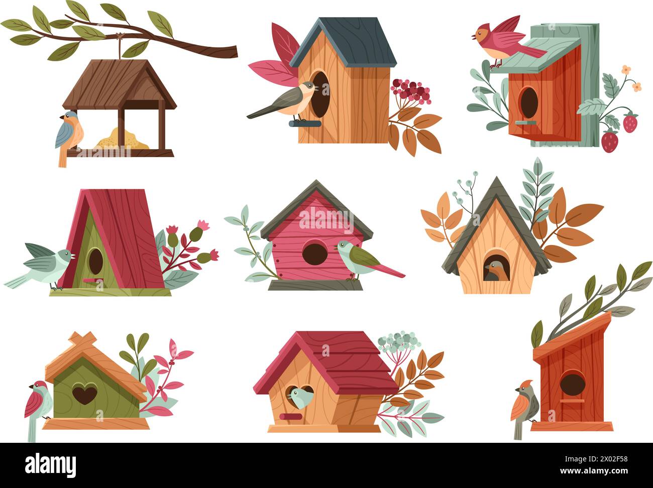 Cartoon birds and starling boxes. Little bird feeder and rustic wooden ...