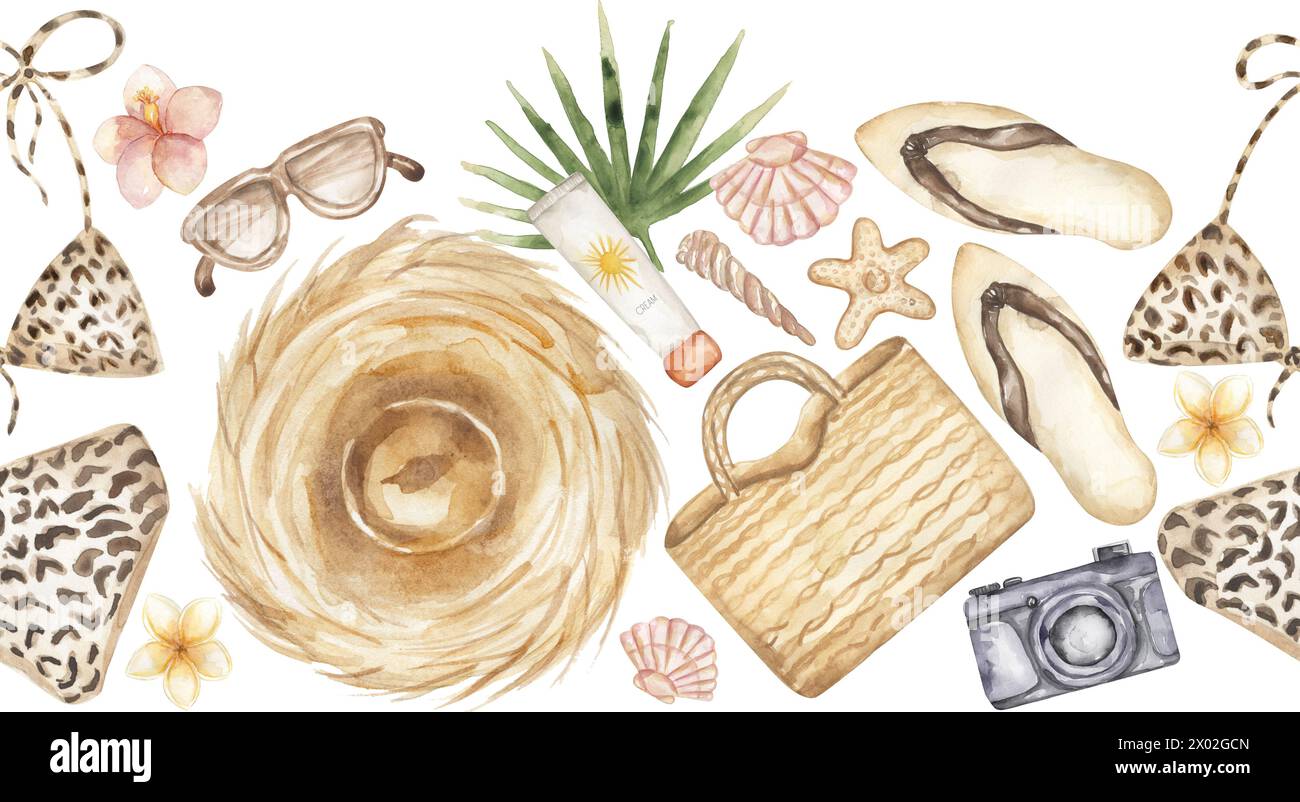 Travel watercolor seamless border with sunglasses, beach hat, camera ...