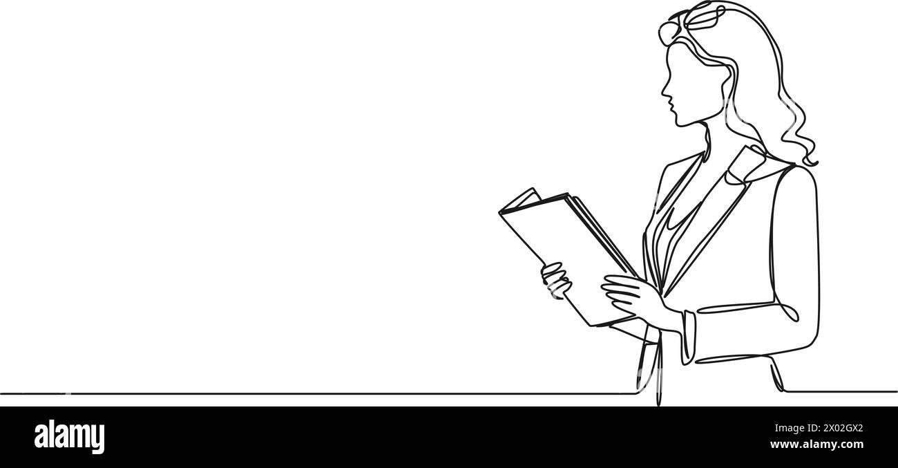 continuous single line drawing of businesswoman holding file folder ...